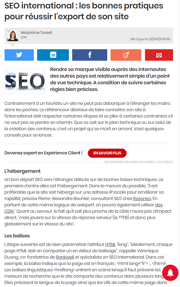 Article publié au Journal Du Net sur le « SEO international | «📈 ...